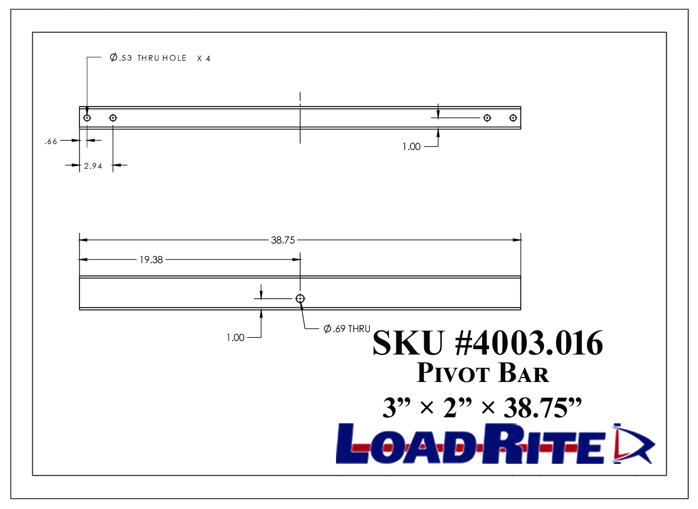 Boat Trailer Roller Pivot Bar 38.75"X3"X2" X .095 Loadrite# 4003.016 ...