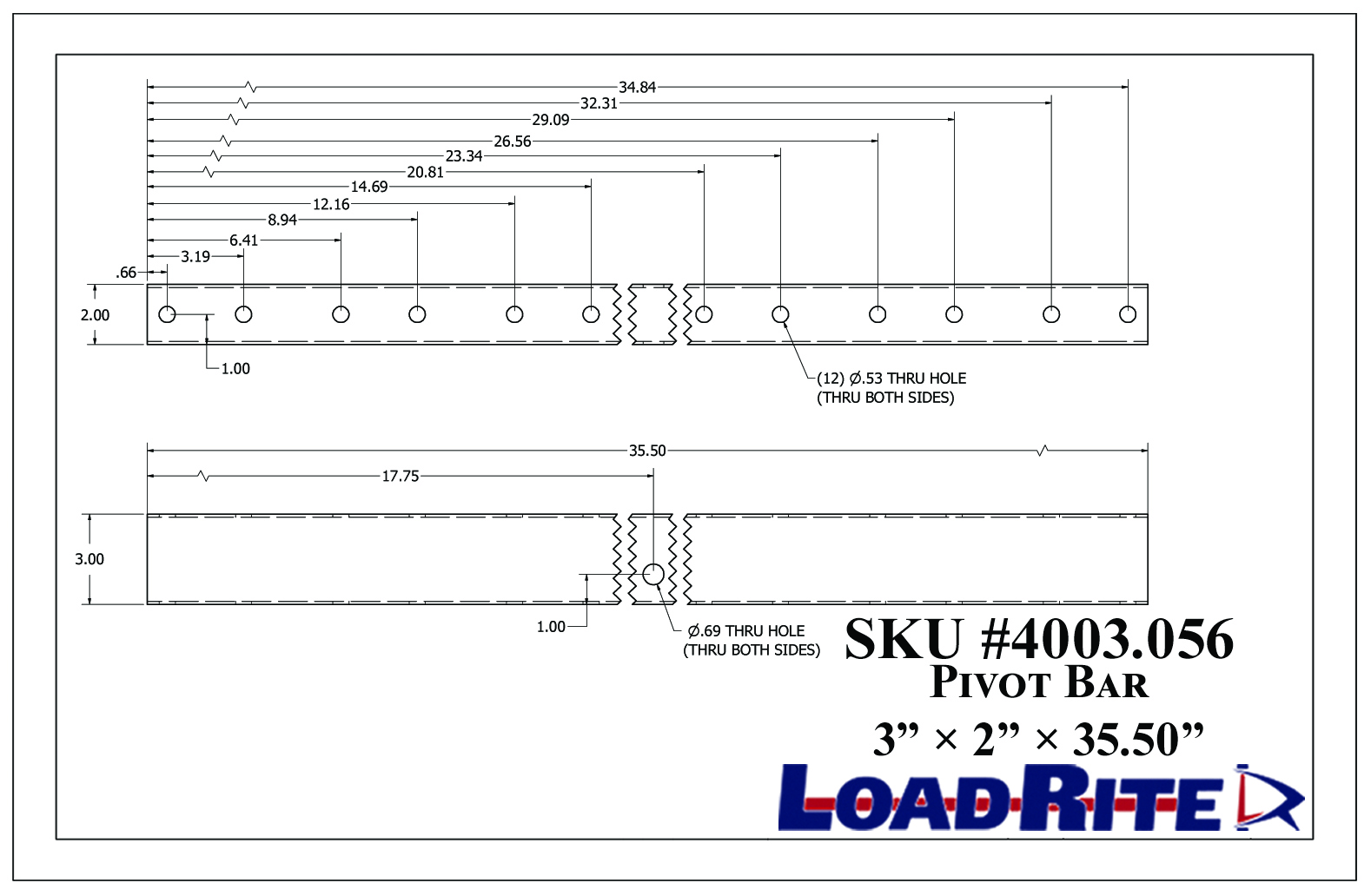 Boat Trailer Roller Pivot Bar 35.5"X3"X2" 12 Holes Loadrite# 4003.056 ...